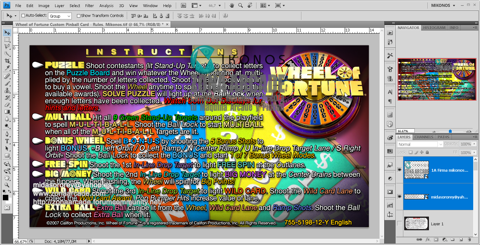 "Wheel of Fortune Pinball Cards Customized" (STERN). Designed by Zona ...
