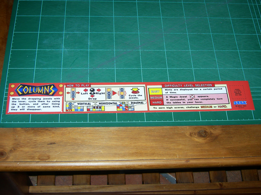 "COLUMNS INSTRUCTION STICKER FOR BEZEL 422-0337-02" (SEGA) arcade ...