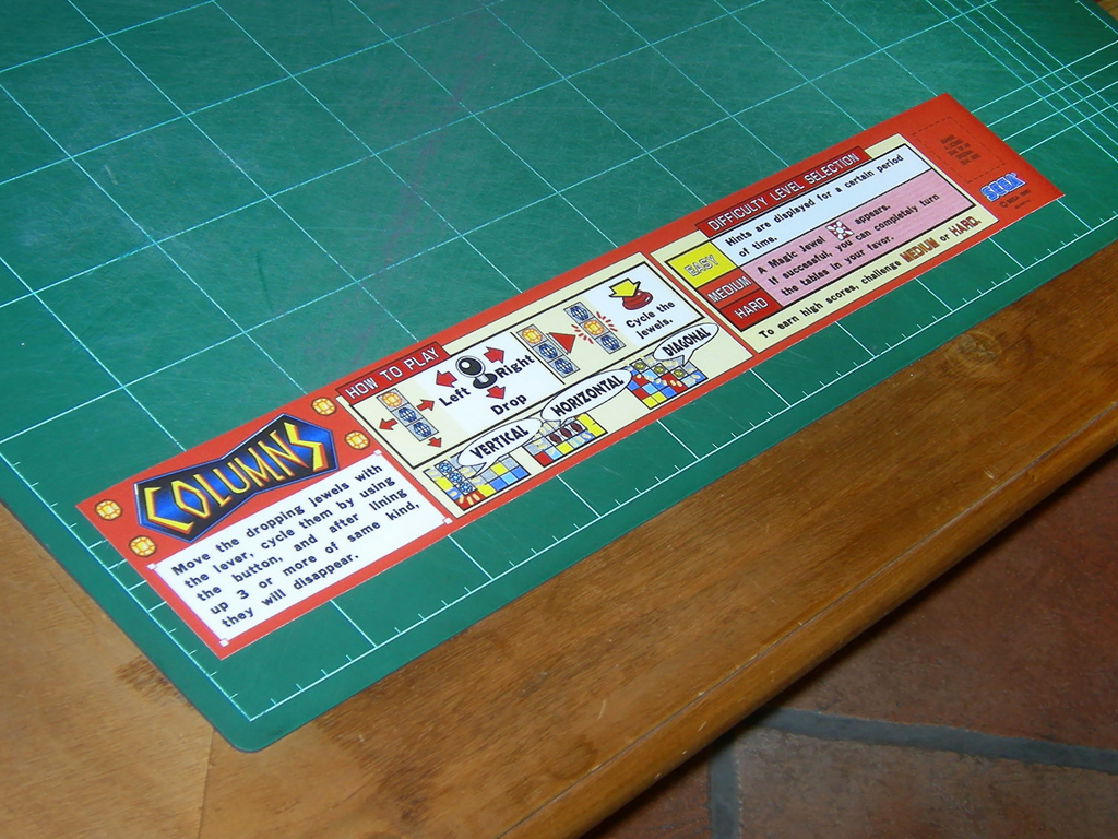 "COLUMNS INSTRUCTION STICKER FOR BEZEL 422-0337-02" (SEGA) arcade ...