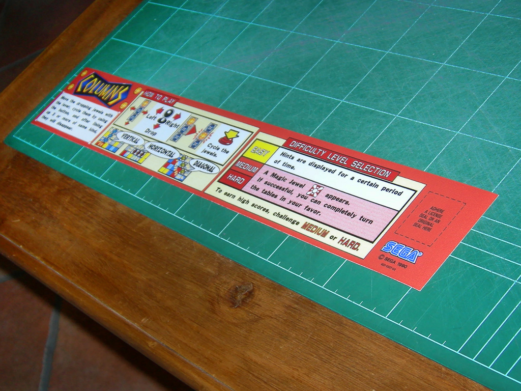 "COLUMNS INSTRUCTION STICKER FOR BEZEL 422-0337-02" (SEGA) arcade ...