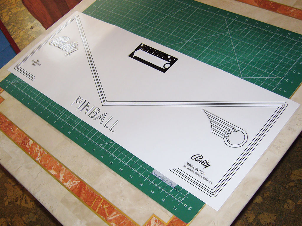 "Future Spa Pinball Aprons" (BALLY) printed on vinyl, white ink, gloss ...