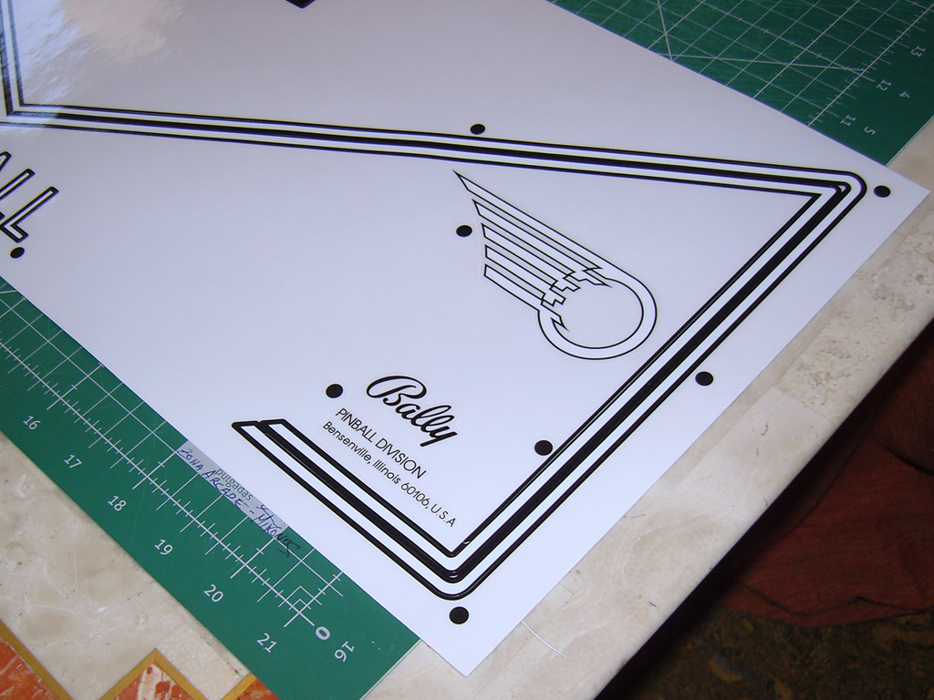 "Future Spa Pinball Aprons" (BALLY) printed on vinyl, white ink, gloss ...