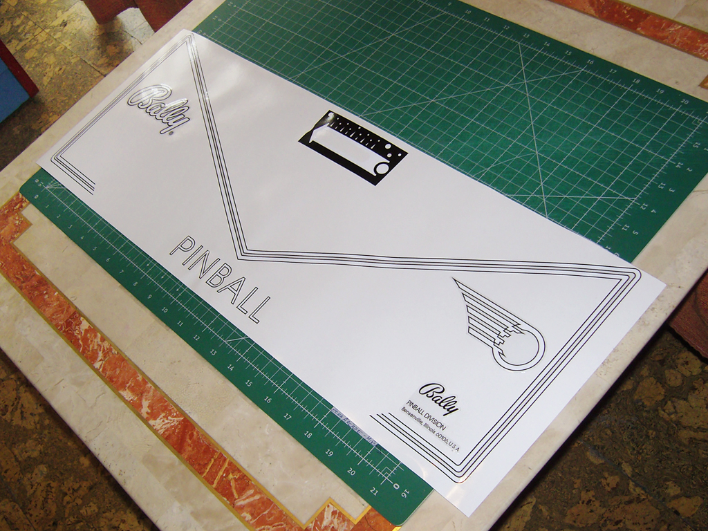 "Future Spa Pinball Aprons" (BALLY) printed on vinyl, white ink, gloss ...