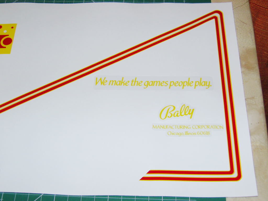 "Paragon Pinball Aprons" (BALLY) printed in transparent vinyl, white ...