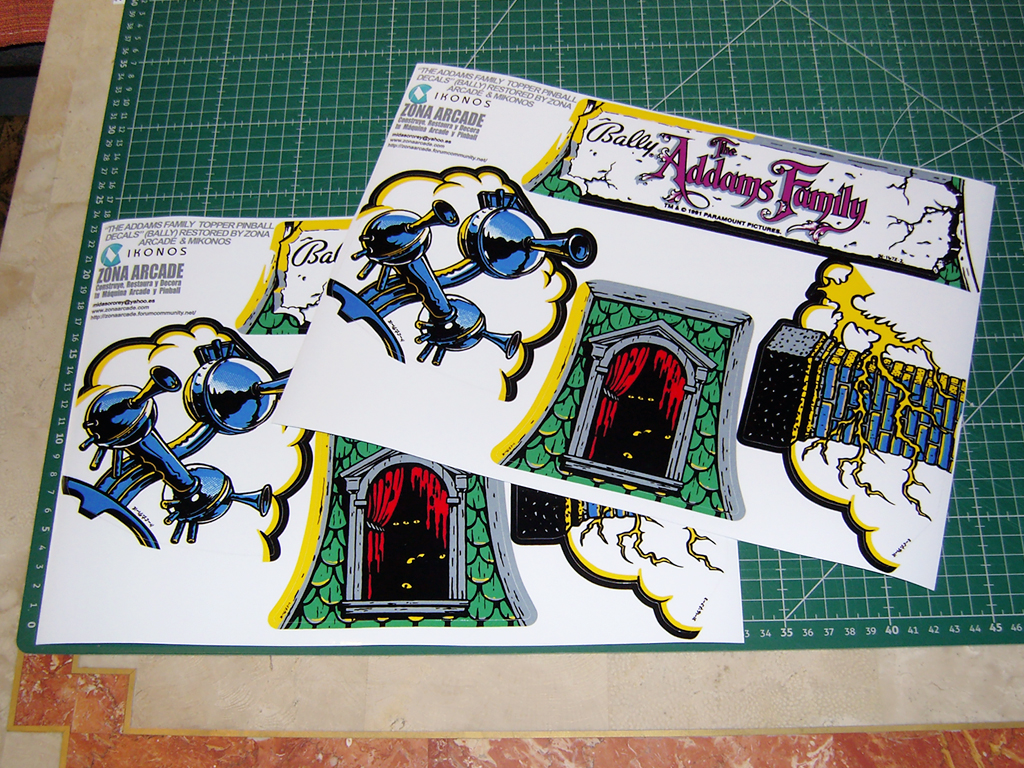 "The Addams Family Pinball Topper Stickers" (BALLY) and "Indiana Jones ...
