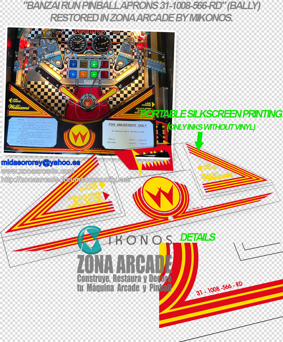 "BANZAI RUN PINBALL APRONS 31-1008-566-RD" (WILLIAMS) artworks restored ...