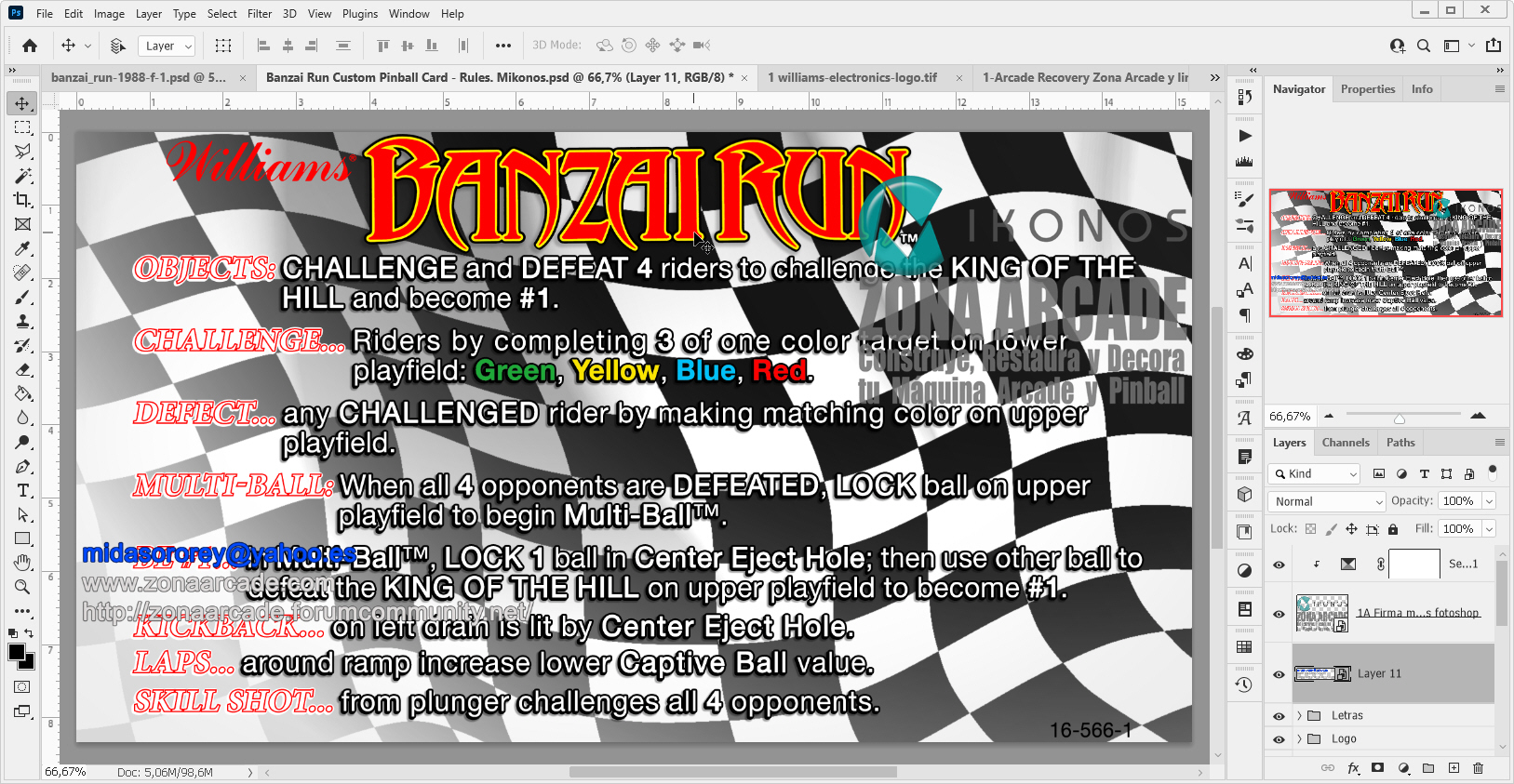 "Banzai Run Pinball Custom Cards" (WILLIAMS). Designed by Zona Arcade ...