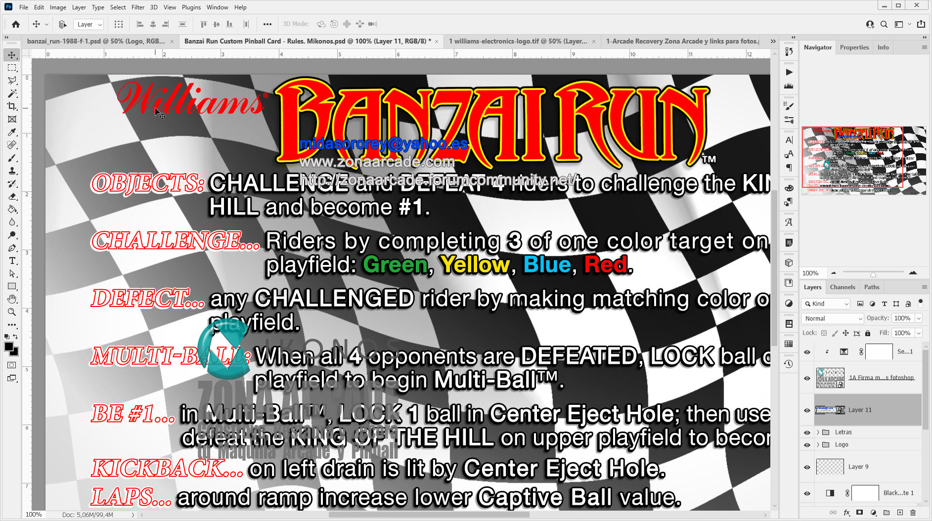 "Banzai Run Pinball Custom Cards" (WILLIAMS). Designed by Zona Arcade ...