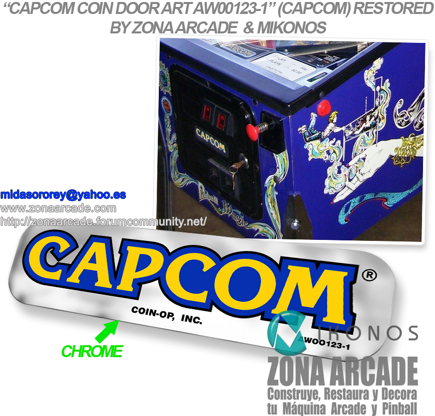 "CAPCOM LOGO COIN DOOR PINBALL STICKER AW00123-1" (CAPCOM) restored by ...