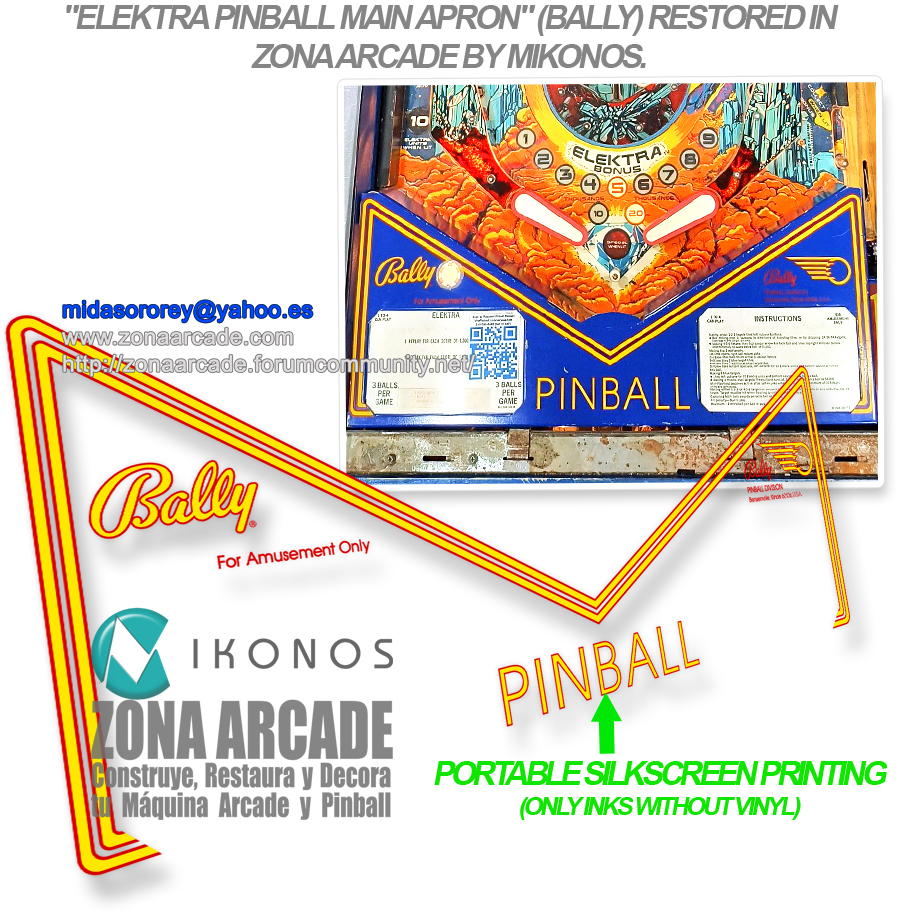 "ELEKTRA PINBALL APRONS" (BALLY) artworks restored by Zona Arcade & Mikonos