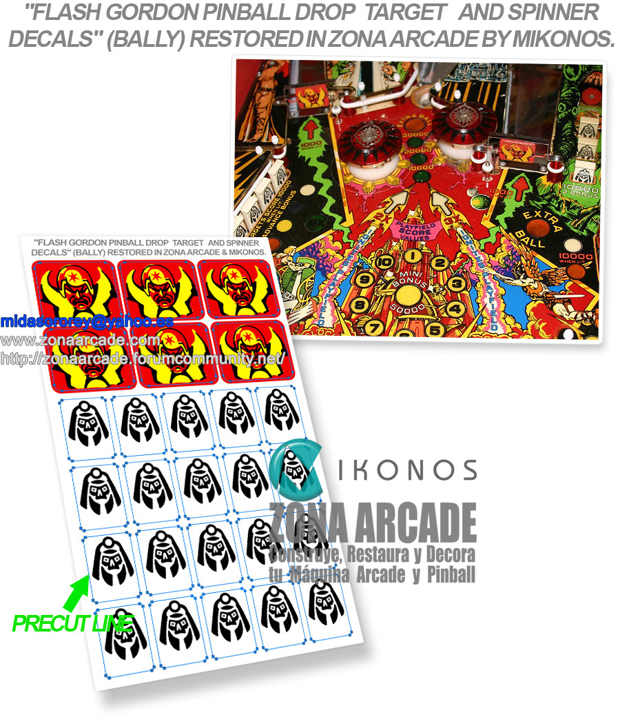 "FLASH GORDON PINBALL SPINNER AND DROP TARGET STICKERS" (BALLY) scanned ...