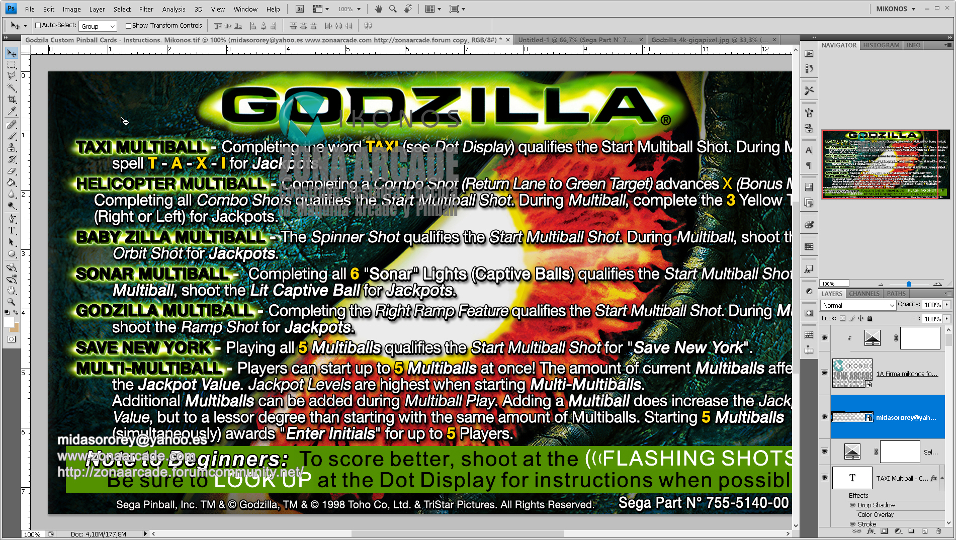 "Godzilla Custom Pinball Cards" (SEGA). Designed by Zona Arcade and Mikonos