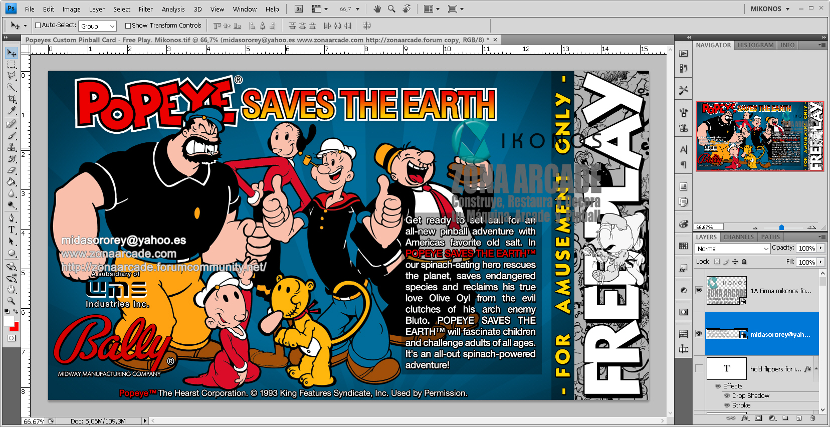 "Popeye Custom Pinball Cards" (BALLY). Designed by Zona Arcade and Mikonos