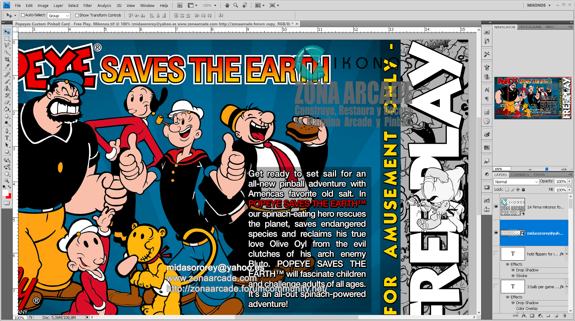 "Popeye Custom Pinball Cards" (BALLY). Designed by Zona Arcade and Mikonos