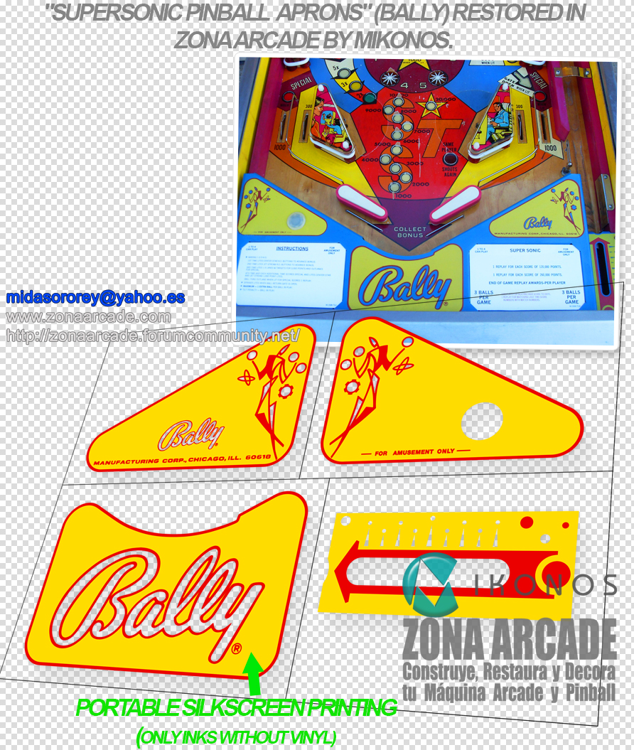 "SUPERSONIC PINBALL APRONS" (BALLY) artworks restored by Zona Arcade and Mikonos for to be ...