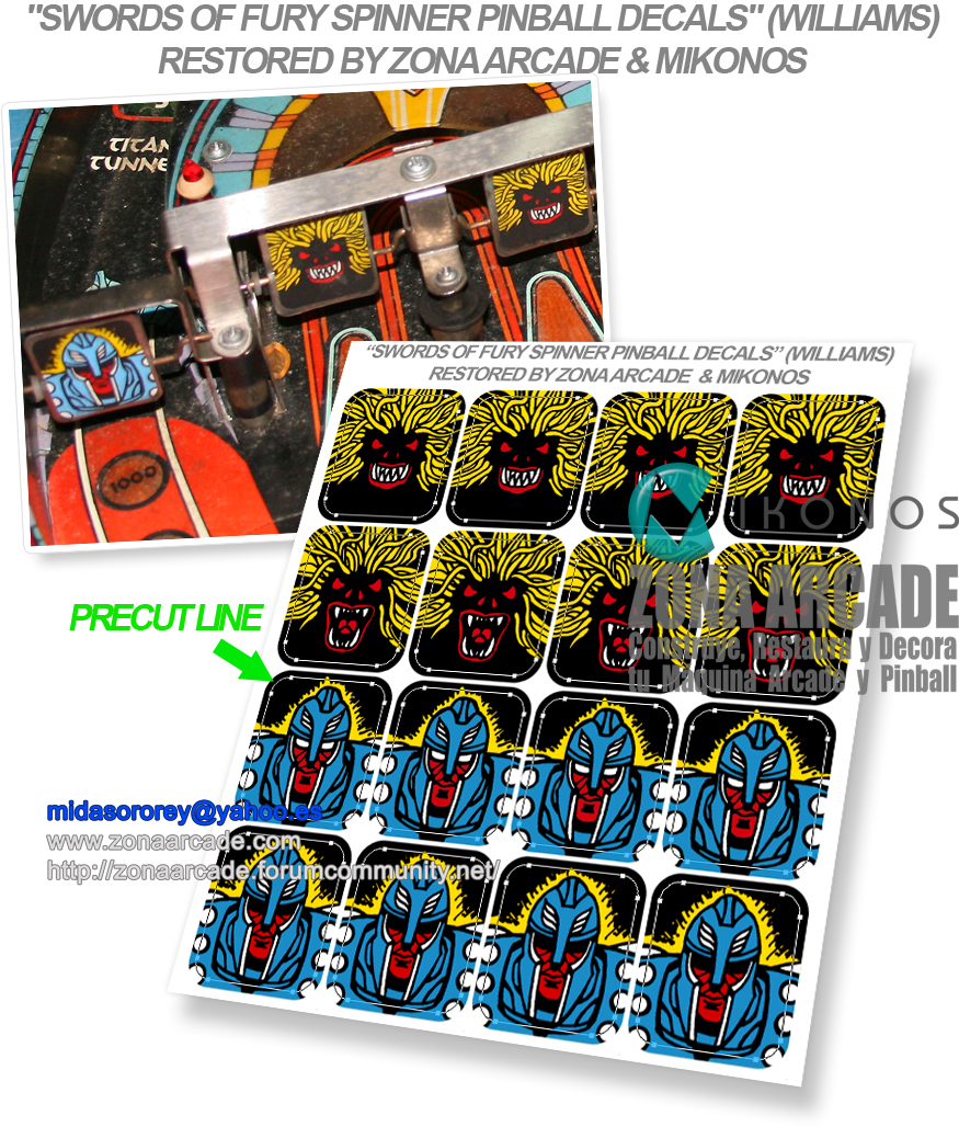 "SWORDS OF FURY SPINNER PINBALL DECALS" (WILLIAMS) artwork scan files ...