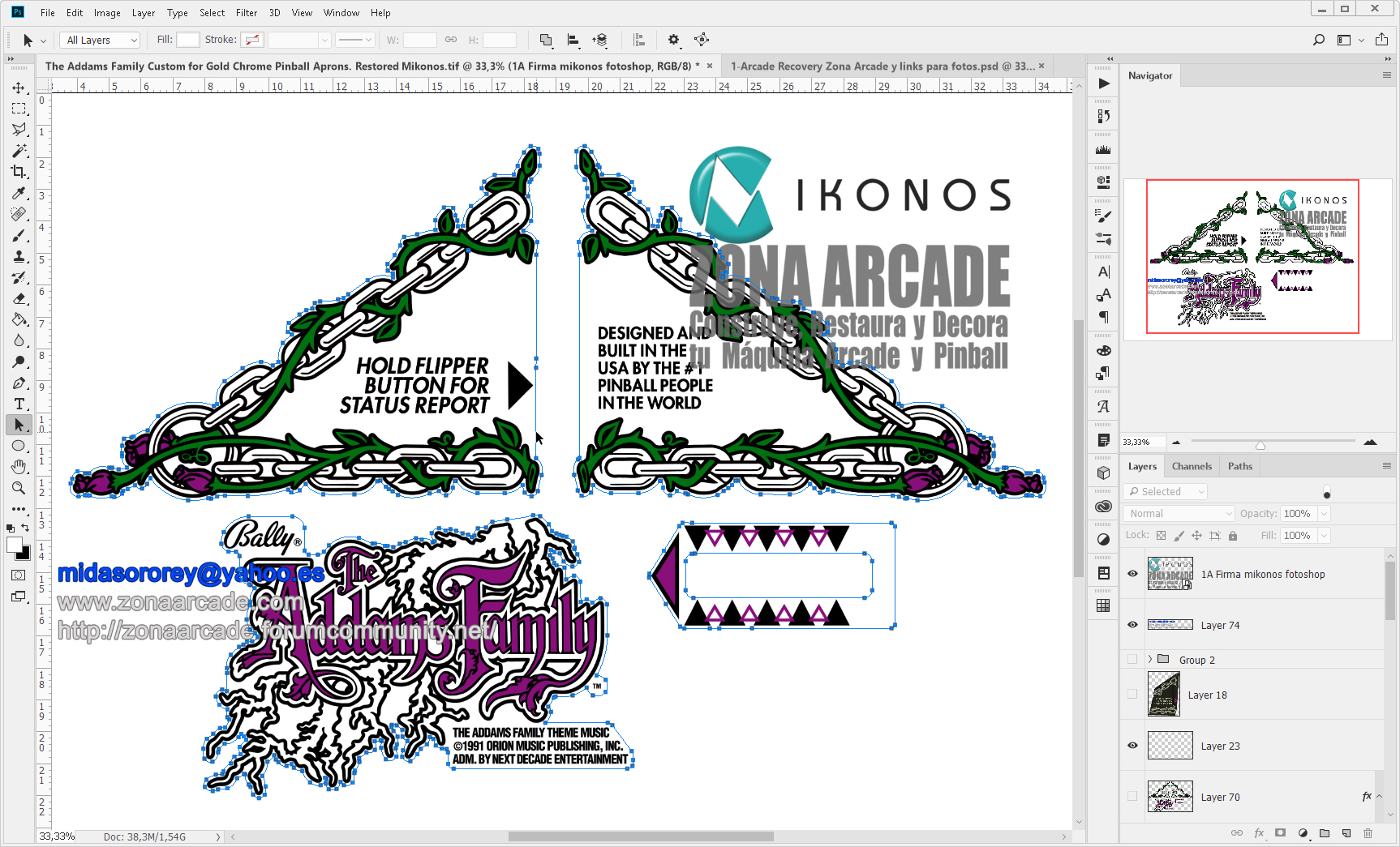 "The Addams Family Custom Pinball Apron Set" (BALLY) for a Gold Chrome ...