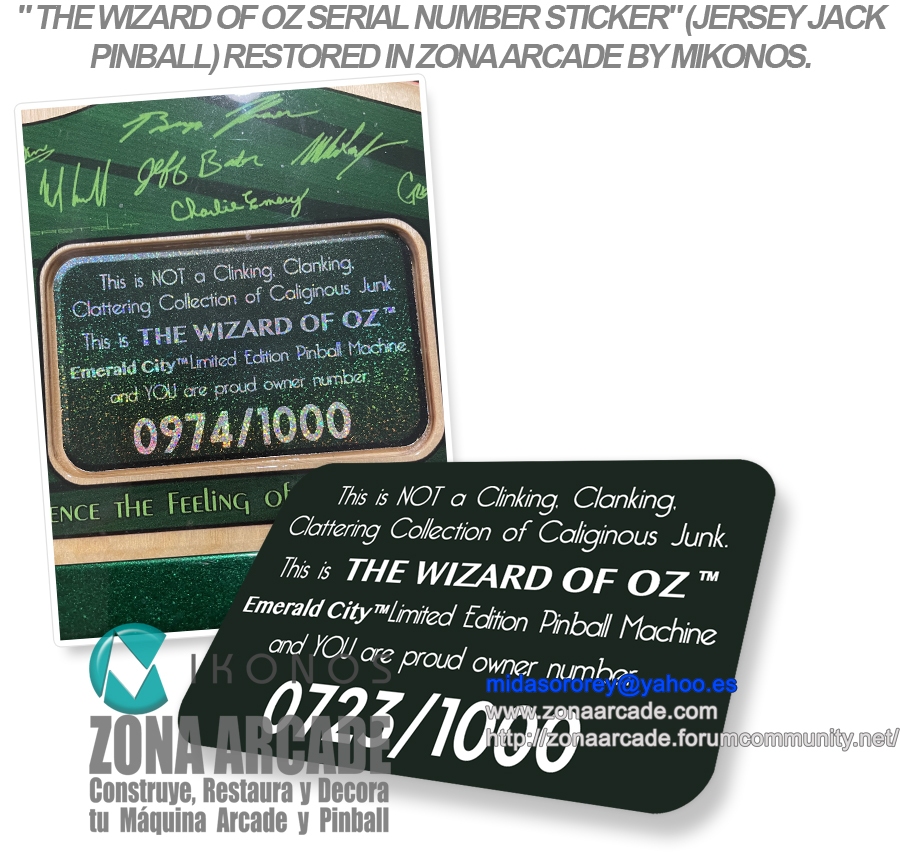 "THE WIZARD OF OZ PINBALL SERIAL NUMBER STICKER" (JERSEY JACK PINBALL ...