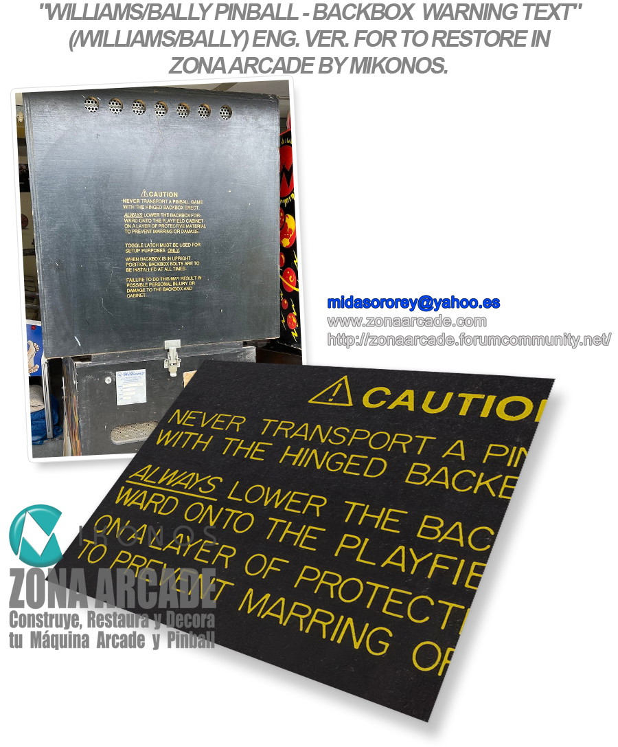 "WILLIAMS - BALLY PINBALL - BACKBOX WARNING TEXT" (BALLY/WILLIAMS) eng ...